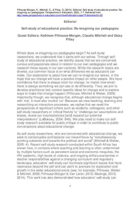 (PDF) Pithouse-Morgan, K., Mitchell, C., & Pillay, D. (2014). Editorial ...