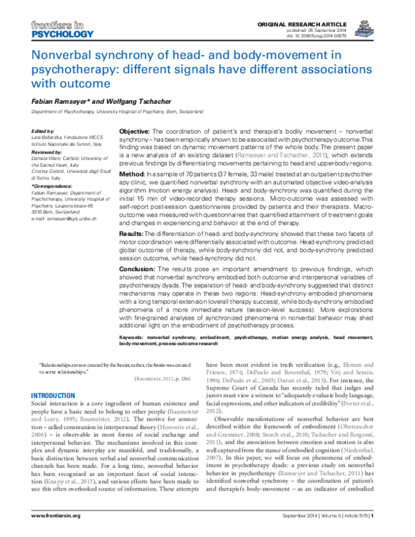 (PDF) Nonverbal synchrony of head- and body-movement in psychotherapy
