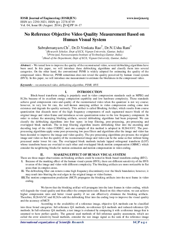 (PDF) No Reference Objective Video Quality Measurement Based on Human Visual System