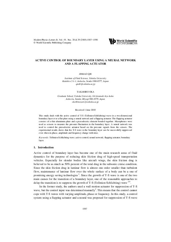 (PDF) ACTIVE CONTROL OF BOUNDARY LAYER USING A NEURAL NETWORK AND A FLAPPING ACTUATOR