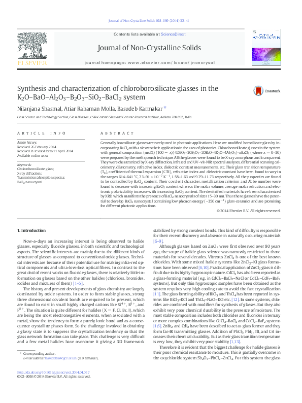 (PDF) Synthesis and characterization of chloroborosilicate glasses in the K2O–BaO–Al2O3–B2O3 ...