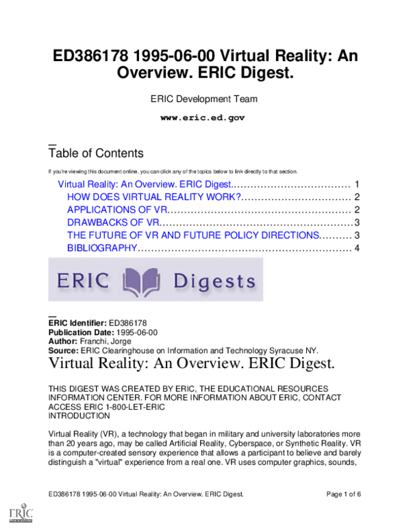 (PDF) Virtual Reality: An Overview (ERIC Digest)