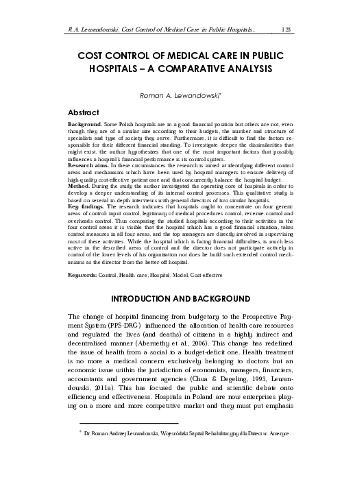 Cost Control of Medical Care in Public Hospitals – a Comparative Analysis