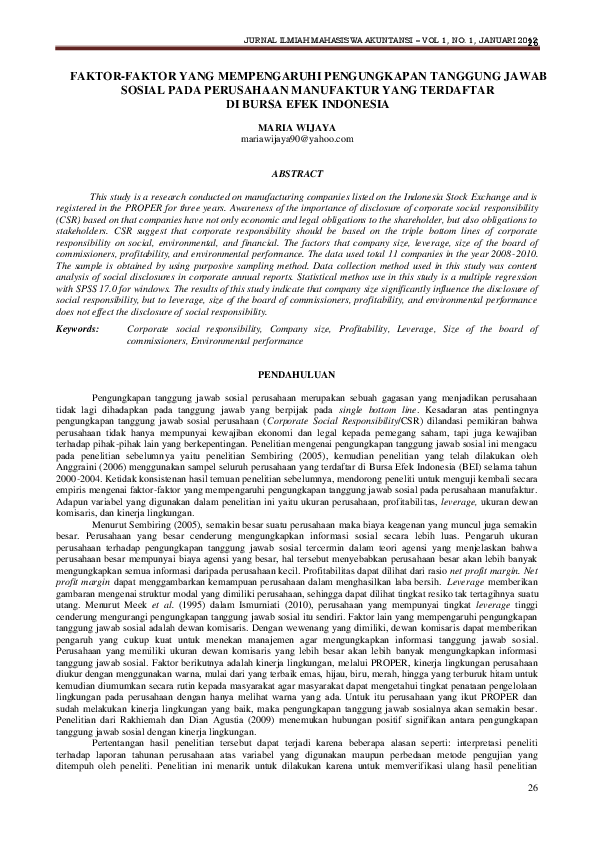 (PDF) FAKTOR-FAKTOR YANG MEMPENGARUHI PENGUNGKAPAN TANGGUNG JAWAB SOSIAL PADA PERUSAHAAN ...