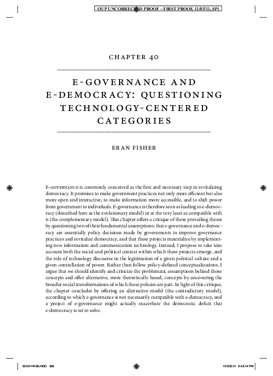 (PDF) E-Governance and E-Democracy: Questioning technology-centered ...