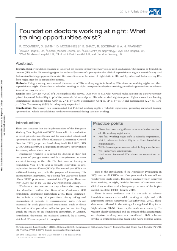 (PDF) Foundation doctors working at night: What training opportunities ...