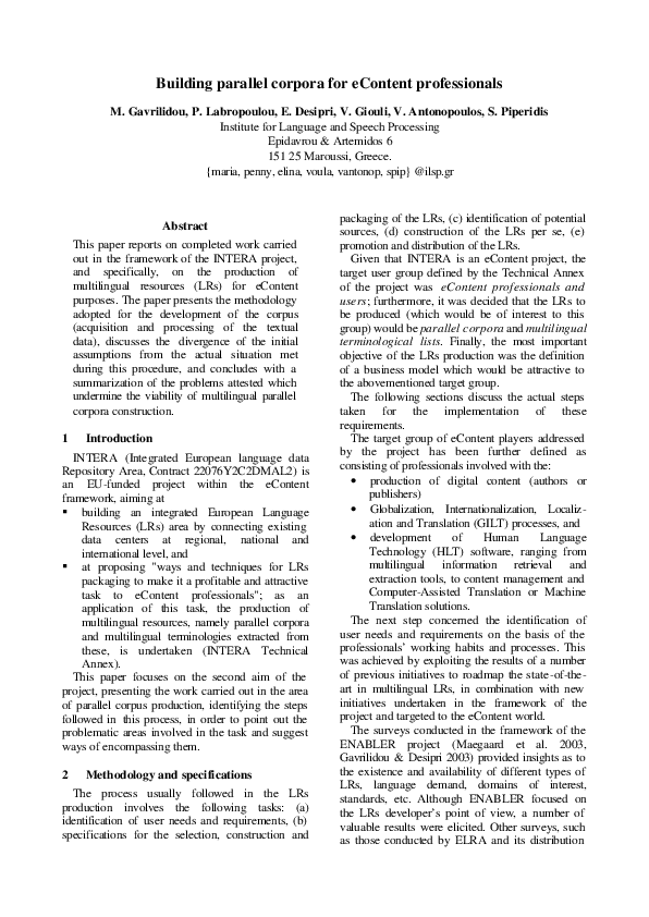 (PDF) Building parallel corpora for eContent professionals | Voula Giouli and Penny Labropoulou ...