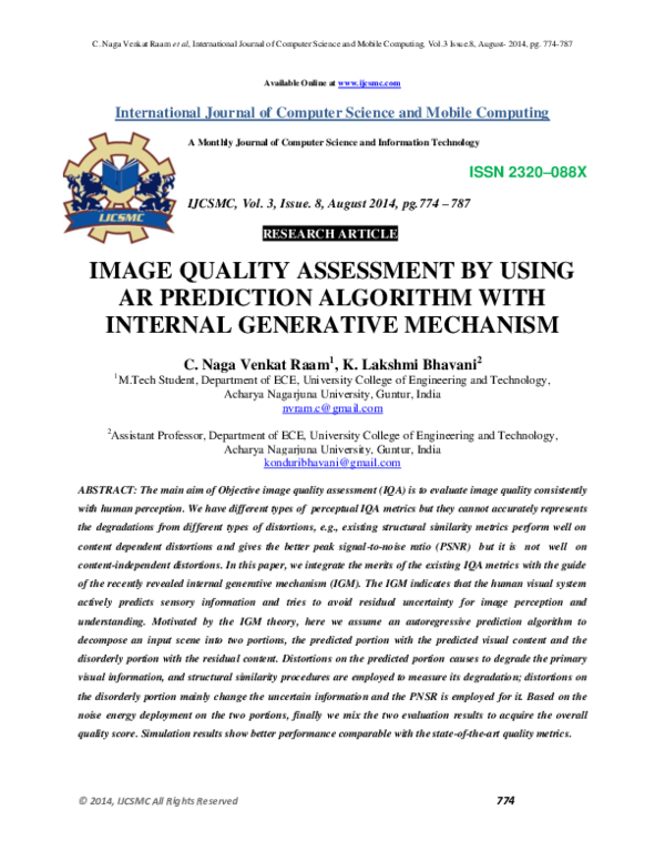 (PDF) IMAGE QUALITY ASSESSMENT BY USING AR PREDICTION ALGORITHM WITH INTERNAL GENERATIVE MECHANISM