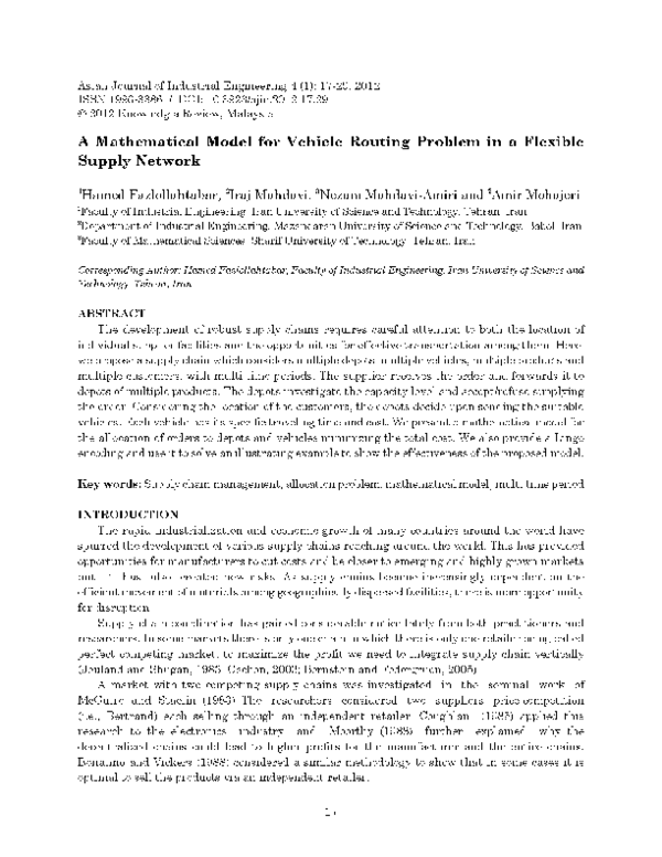 (PDF) A Mathematical Model for Vehicle Routing Problem in a Flexible ...