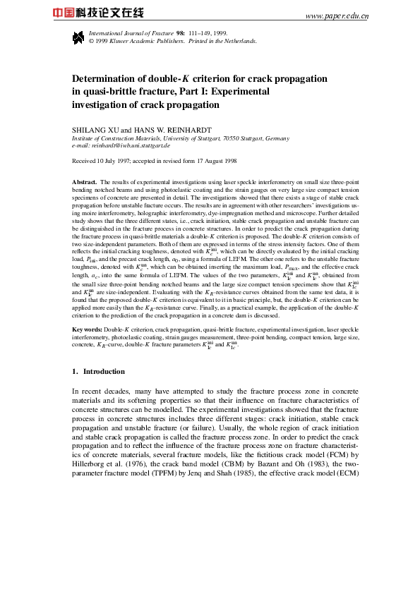 Pdf Determination Of Double K Criterion For Crack Propagation In Quasi Brittle Fracture Part