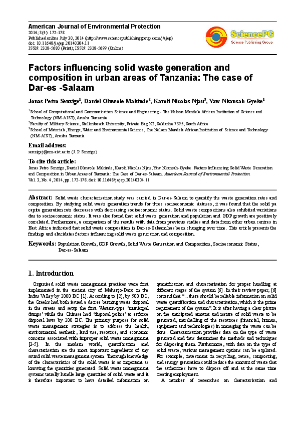 (PDF) Factors Influencing Solid Waste Generation in Urban Areas of ...