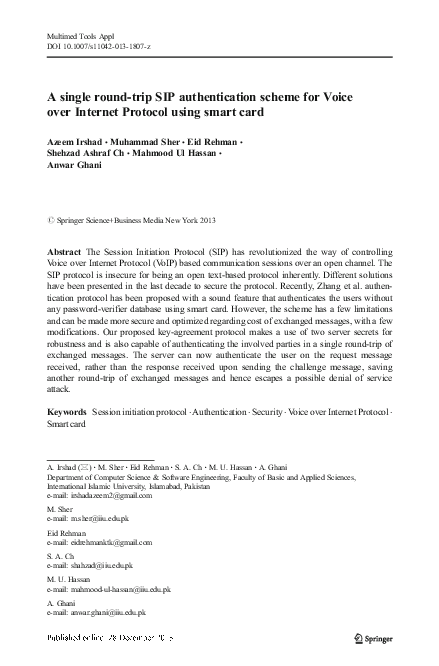 Pdf A Single Round Trip Sip Authentication Scheme For Voice Over