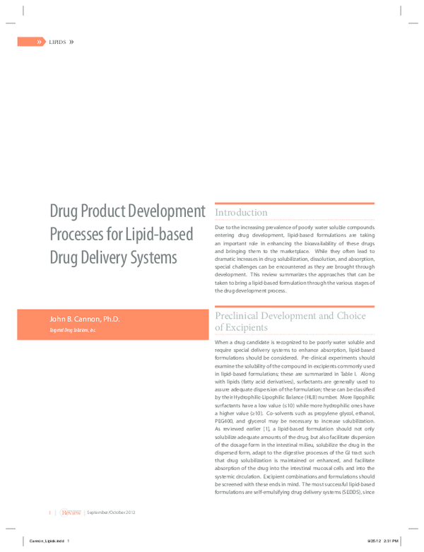 (PDF) September/October 2012 Drug Product Development Processes for Lipid-based Drug Delivery ...