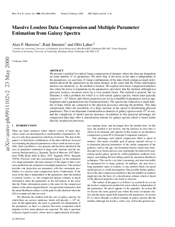 (PDF) Massive lossless data compression and multiple parameter estimation from galaxy spectra