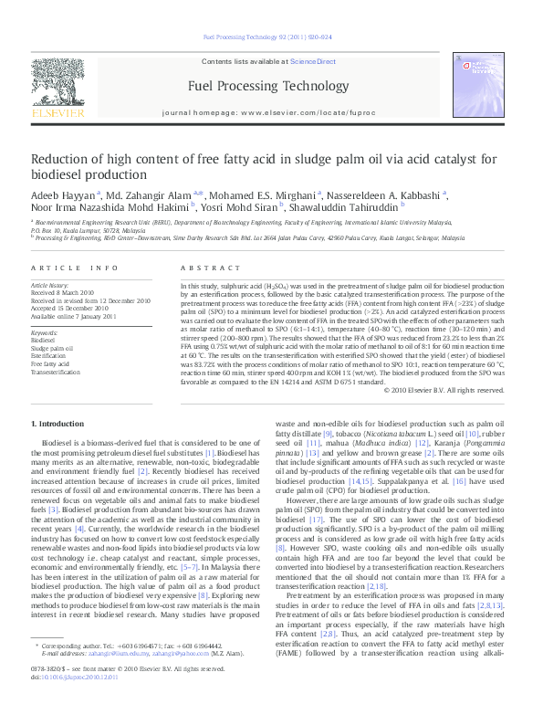 (PDF) Reduction of high content of free fatty acid in sludge palm oil ...