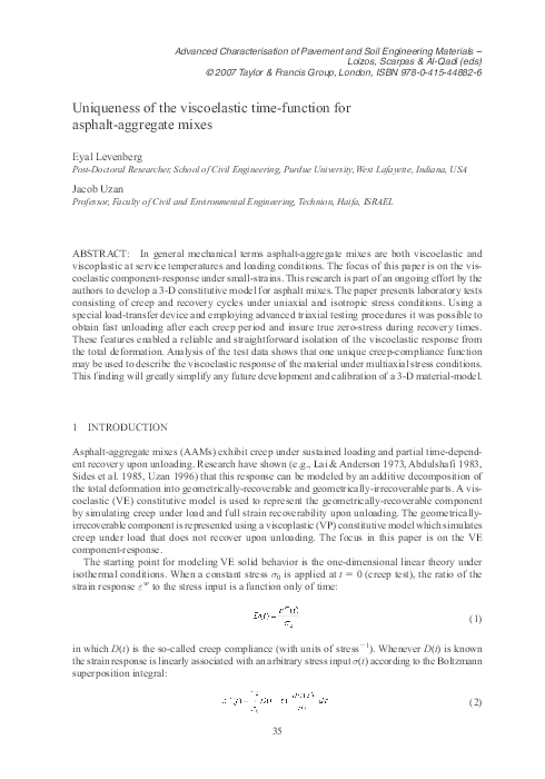 (PDF) Uniqueness of the Viscoelastic Time-Function for Asphalt-Aggregate Mixes
