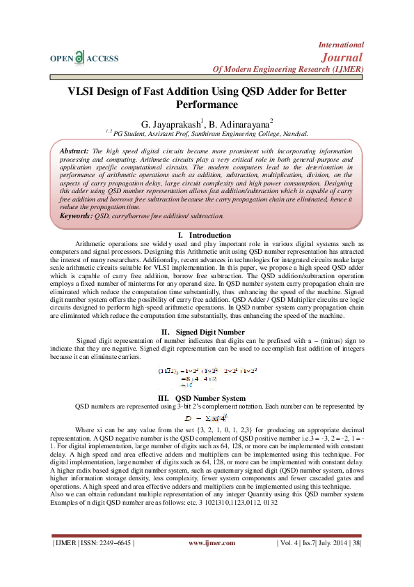 Pdf Vlsi Design Of Fast Addition Using Qsd Adder For Better Performance