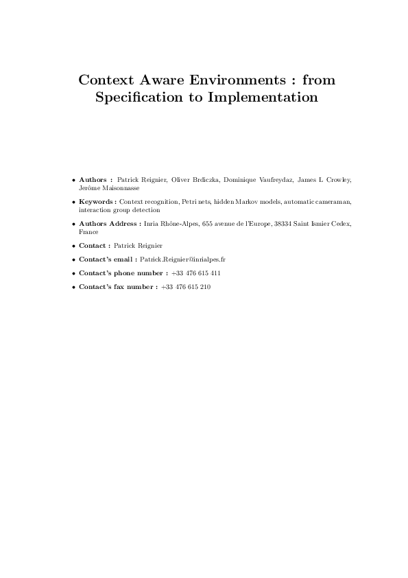 Pdf Context Aware Environments From Specification To Implementation
