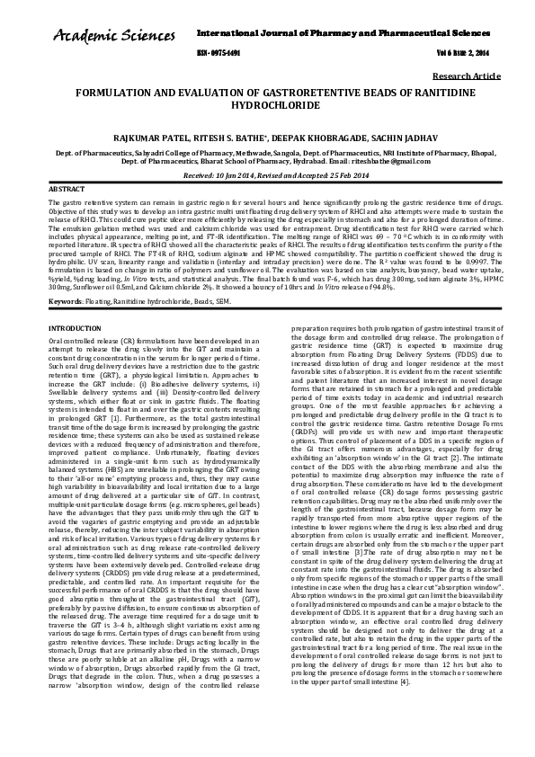 Pdf Formulation And Evaluation Of Gastroretentive Beads Of Ranitidine Hydrochloride