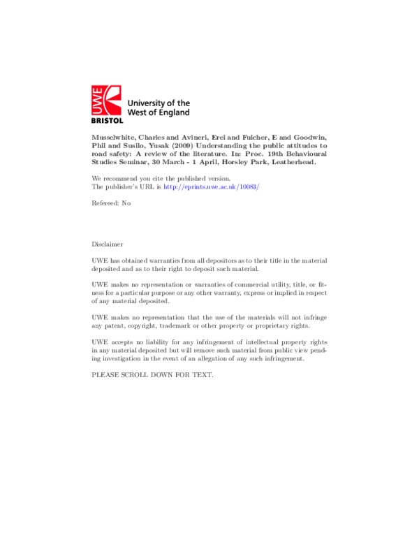 (PDF) Understanding the public attitudes to road safety: A review of ...