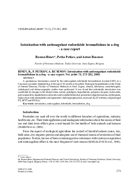 (PDF) Intoxication with anticoagulant rodenticide bromadiolone in a dog ...