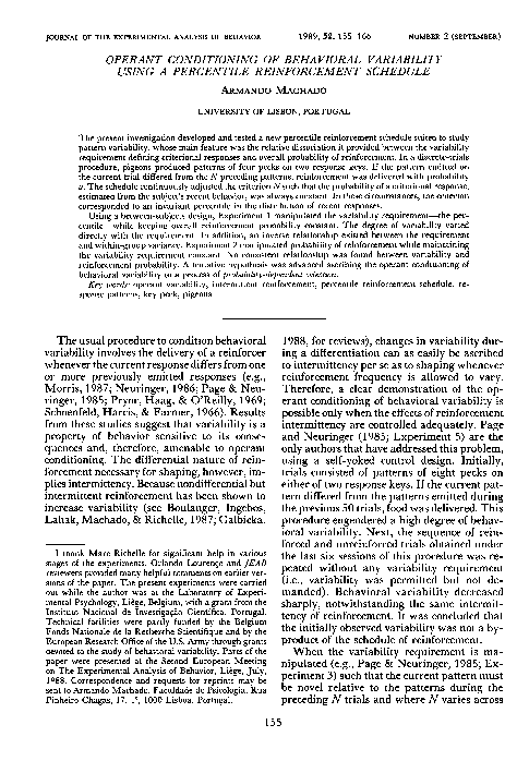 (PDF) Operant conditioning of behavioral variability using a percentile reinforcement schedule.