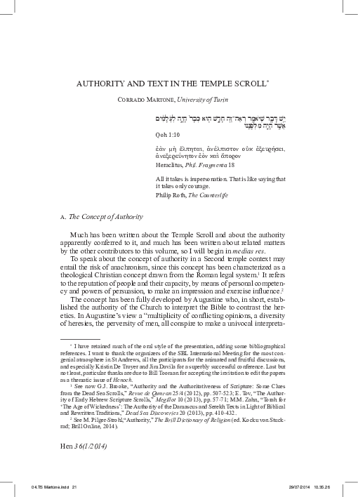 (PDF) Authority and text in the Temple Scroll, Henoch 36 (2014) 21-34