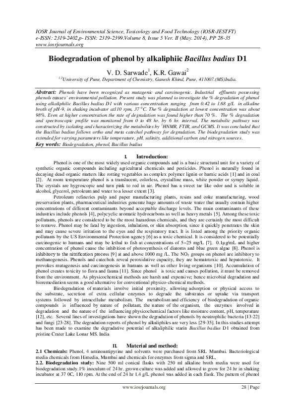 (PDF) Biodegradation of phenol by alkaliphiic Bacillus badius D1