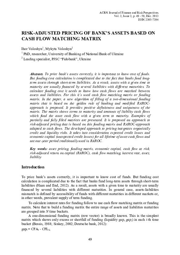 (PDF) RISK-ADJUSTED PRICING OF BANK’S ASSETS BASED ON CASH FLOW MATCHING MATRIX