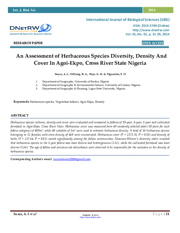 (PDF) An Assessment of Herbaceous Species Diversity, Density And Cover In Agoi-Ekpo, Cross River ...