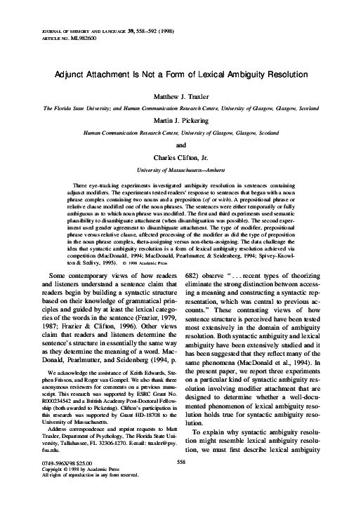 (PDF) Adjunct attachment is not a form of lexical ambiguity resolution