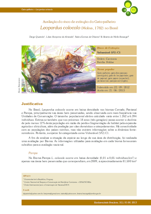 (PDF) Avaliação do risco de extinção do gato-palheiro, Leopardus colocolo