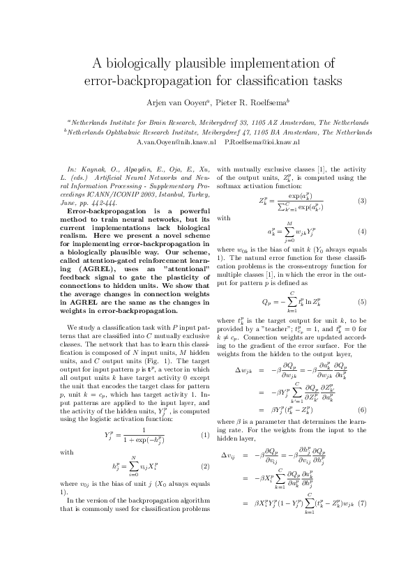 (PDF) A biologically plausible implementation of error-backpropagation for classification tasks