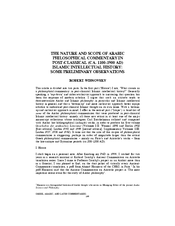 The nature and scope of Arabic philosophical commentary in post ...