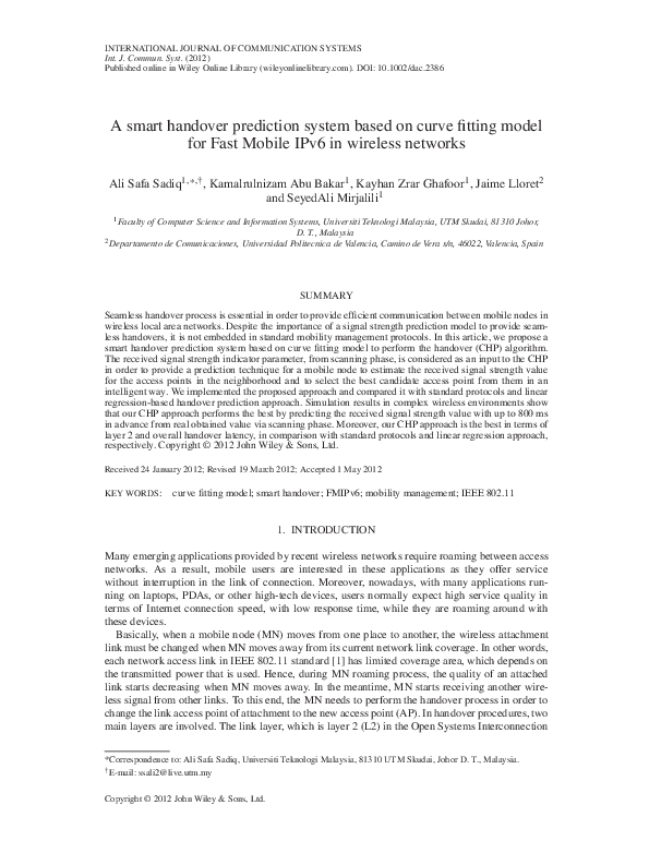 (PDF) A Smart Handover Prediction System based on Curve Fitting Model for Fast Mobile IPV6 In ...