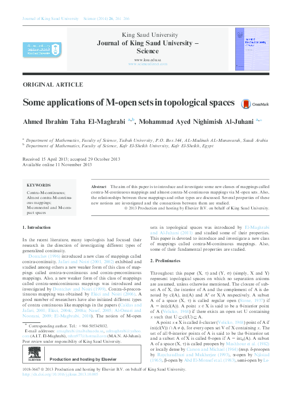 (PDF) Some applications of M-open sets in topological spaces