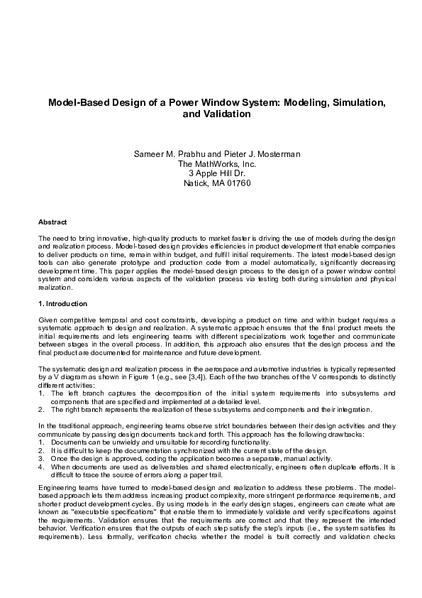 (PDF) Model-Based Design of a Power Window System: Modeling, Simulation, and Validation