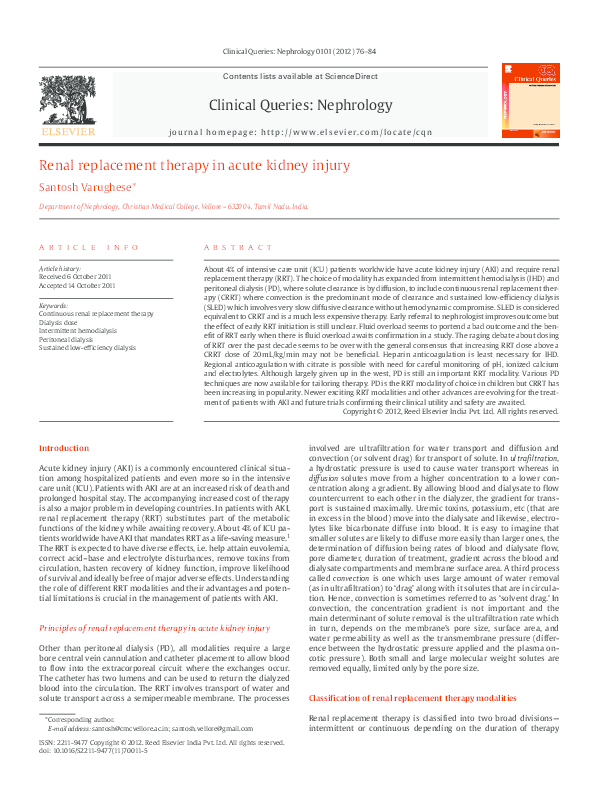 (PDF) Renal replacement therapy in acute kidney injury
