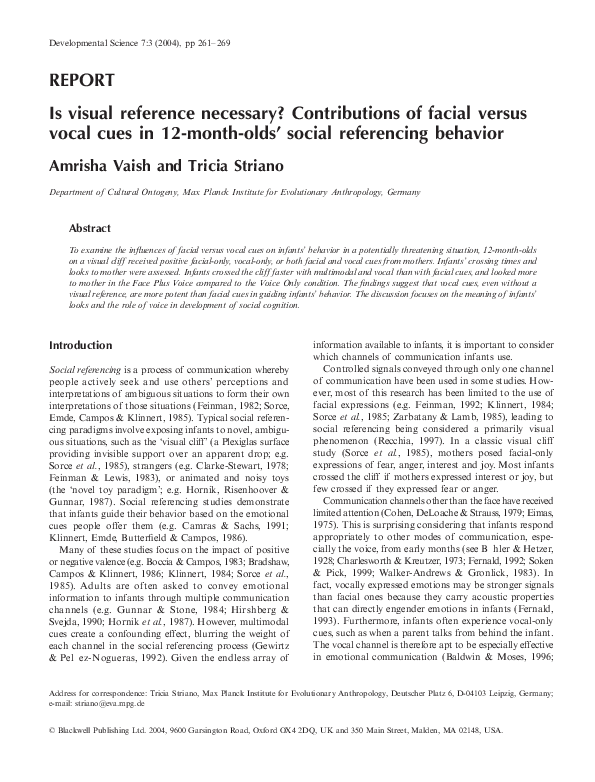 Pdf Is Visual Reference Necessary Contributions Of Facial Versus Vocal Cues In 12 Month Olds 