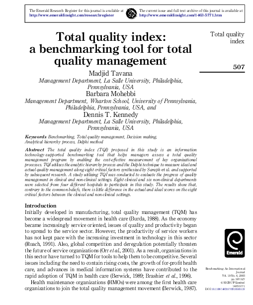 (PDF) Total quality index: a benchmarking tool for total quality management