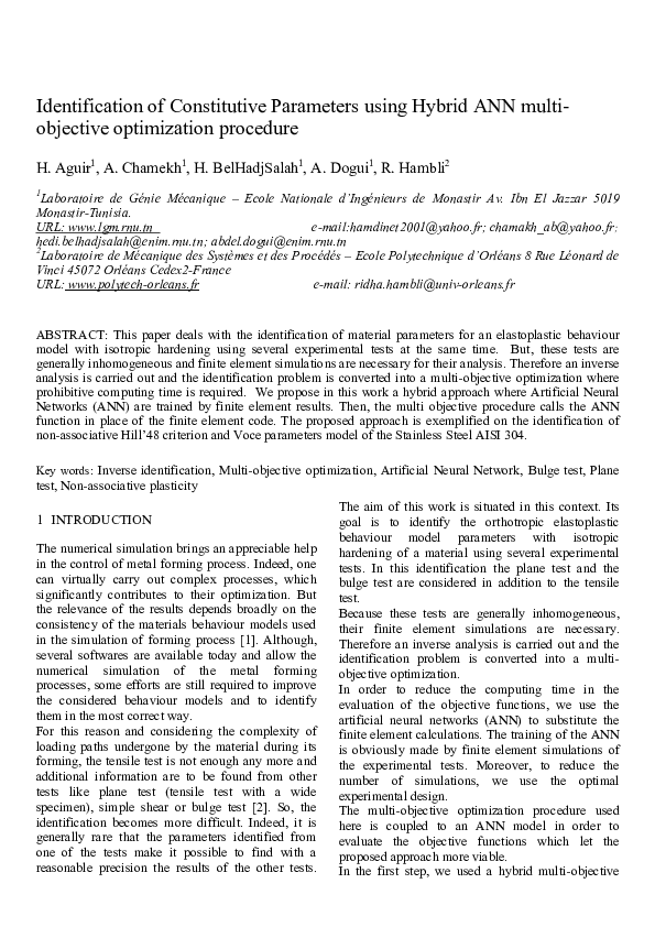 (PDF) Identification of Constitutive Parameters using Hybrid ANN multi-objective optimization ...