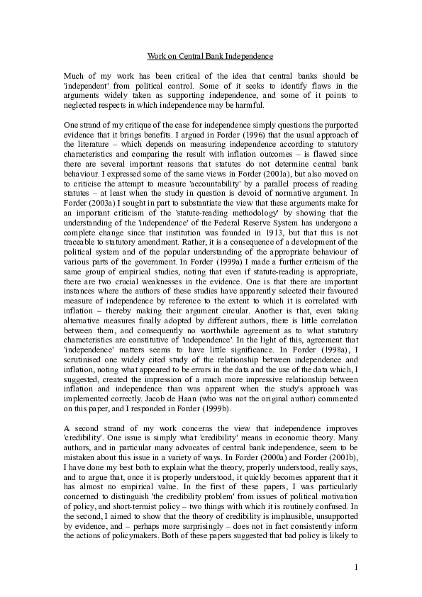 (DOC) Summary of James Forder's work on central bank independence