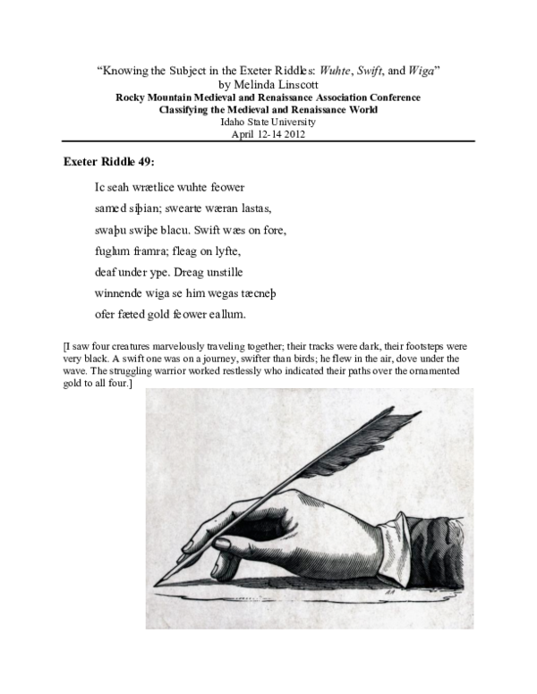 (PDF) Knowing the Subject in the Exeter Riddles: Wuhte, Swift, and Wiga