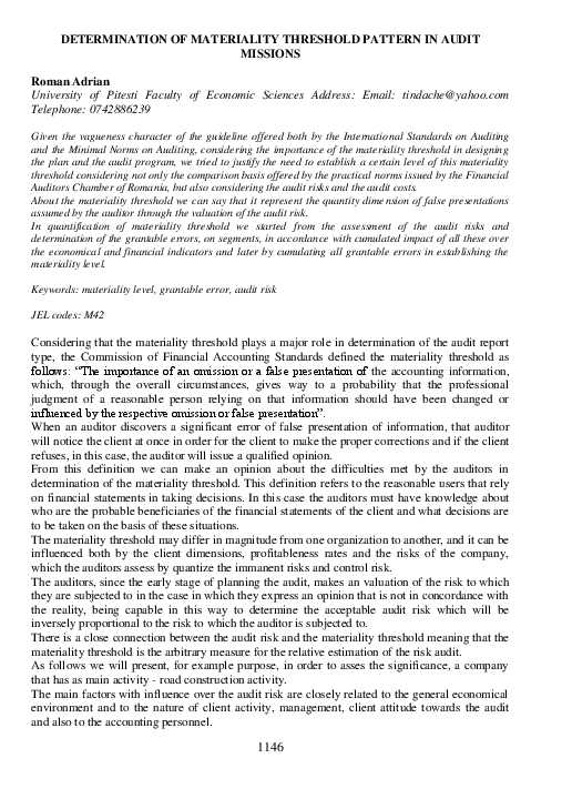(PDF) DETERMINATION OF MATERIALITY THRESHOLD PATTERN IN AUDIT MISSIONS ...