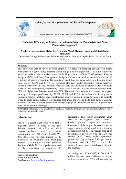 (PDF) Technical Efficiency of Maize Production in Nigeria: Parametric and Non-Parametric Approach