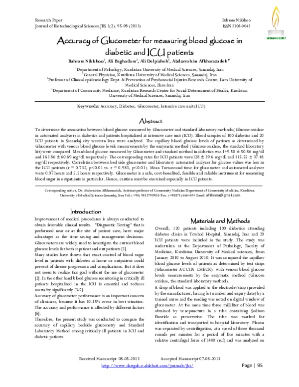 (PDF) Accuracy of Glucometer for measuring blood glucose in diabetic and ICU patients.