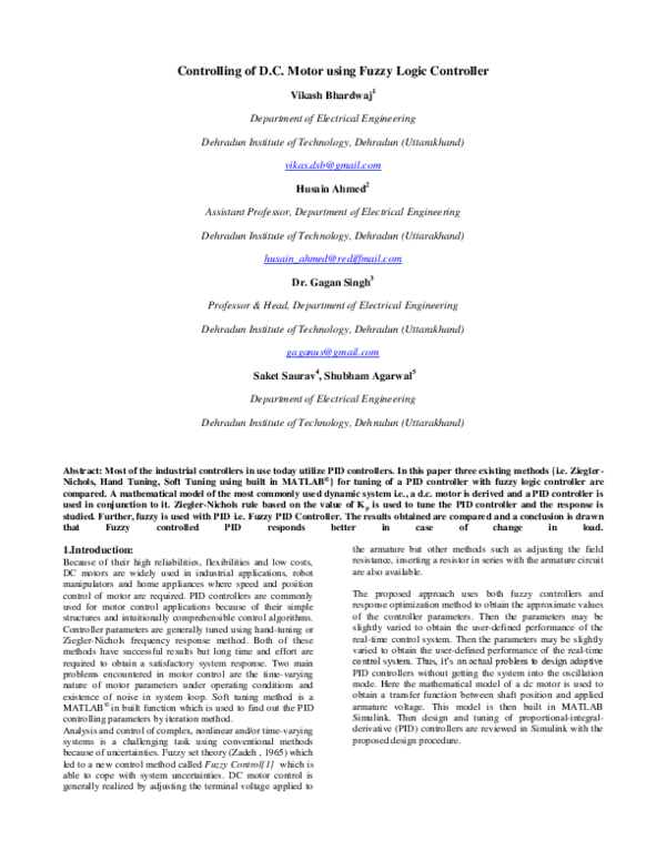 Pdf Controlling Of Dc Motor Using Fuzzy Logic Controller 8980