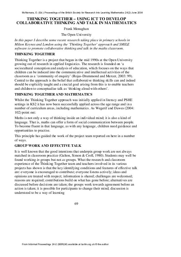 (PDF) THINKING TOGETHER - USING ICT TO DEVELOP COLLABORATIVE THINKING ...