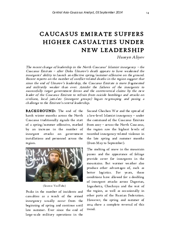 Caucasus Emirate Suffers Higher Casualties under New Leadership (The ...
