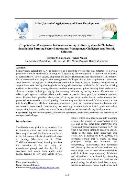 Pdf Crop Residue Management In Conservation Agriculture Systems In